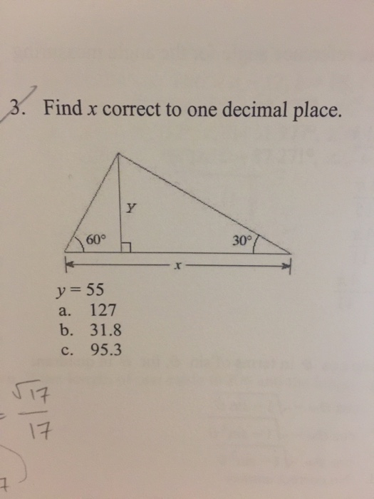 Solved Find x correct to one decimal place. 60° 30° y=55 a. | Chegg.com