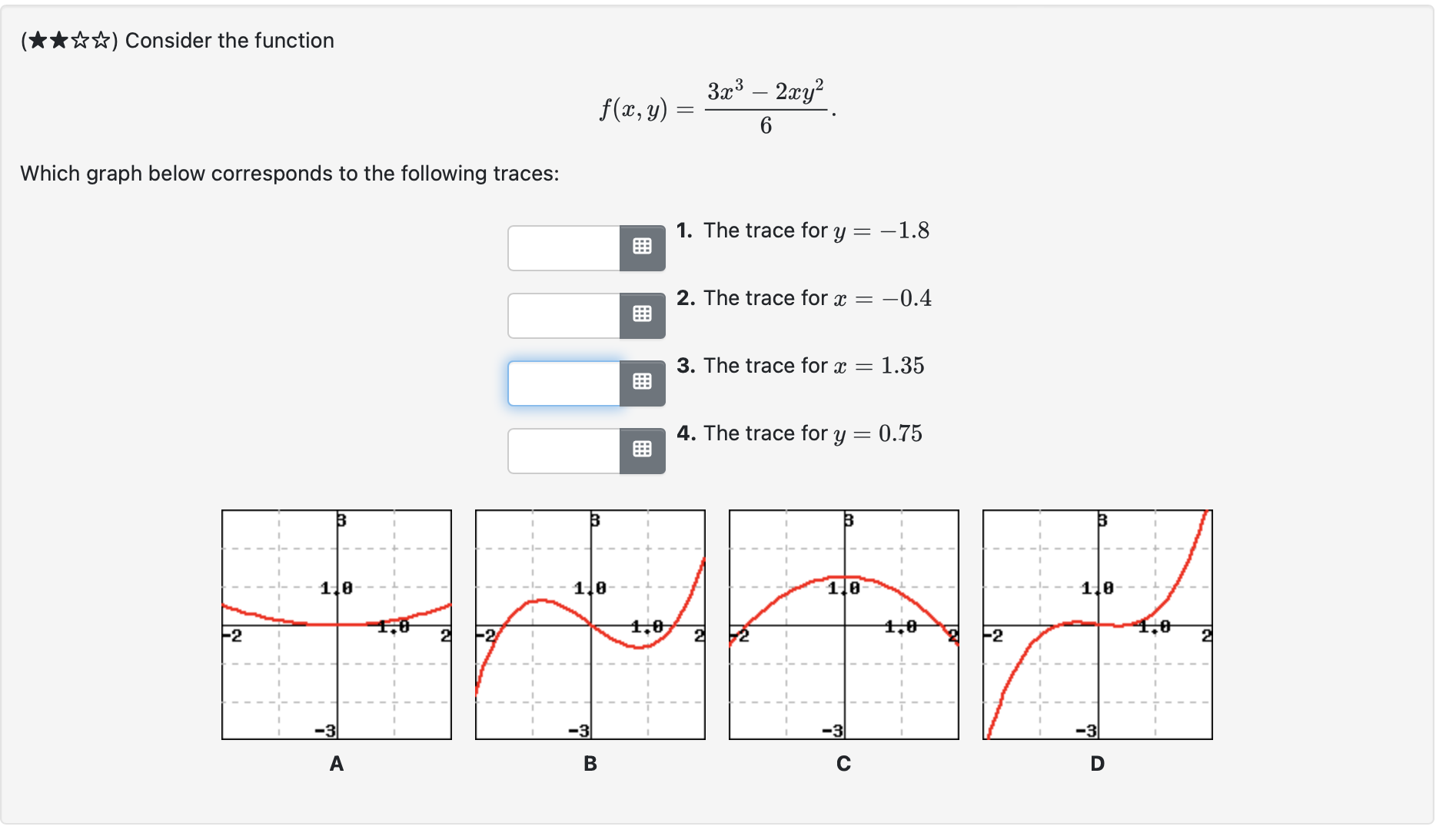 Solved f(x,y)=3x3-2xy26Which graph below corresponds to the | Chegg.com