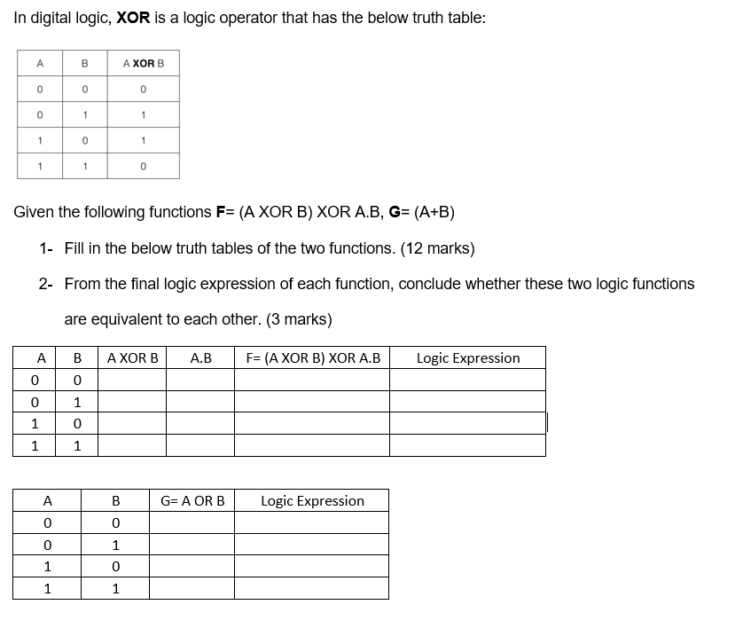 Solved In Digital Logic XOR Is A Logic Operator That Has Chegg