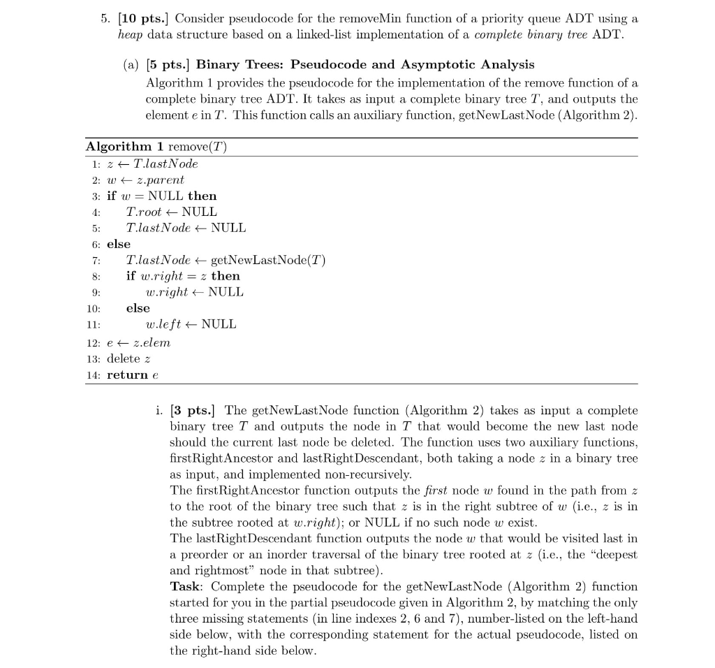 5. (10 pts.] Consider pseudocode for the removeMin | Chegg.com