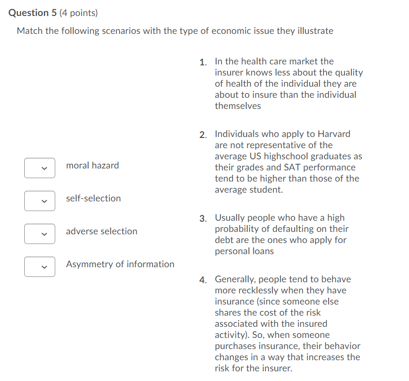 Solved Question 5 (4 points) Match the following scenarios | Chegg.com