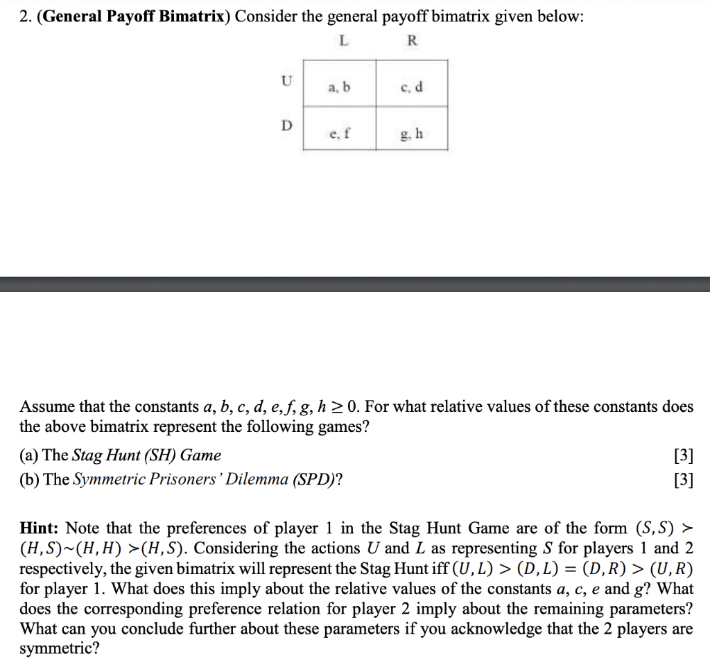 Solved 2. (General Payoff Bimatrix) Consider the general | Chegg.com