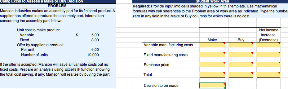 Solved Using Excel to Assess a Make or Buy Decision PROBLEM | Chegg.com