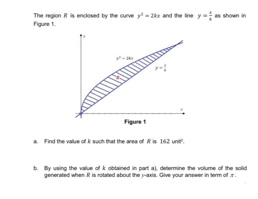 Solved The region R is enclosed by the curve y2 = 2kx and | Chegg.com