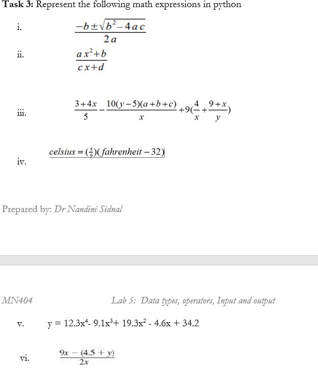 Solved Task 3: Represent the following math expressions in | Chegg.com