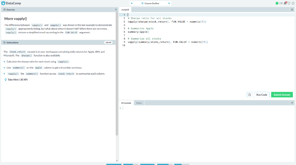 Solved DataCamp € Course Outline → Exercise LR 2 Sharpe | Chegg.com