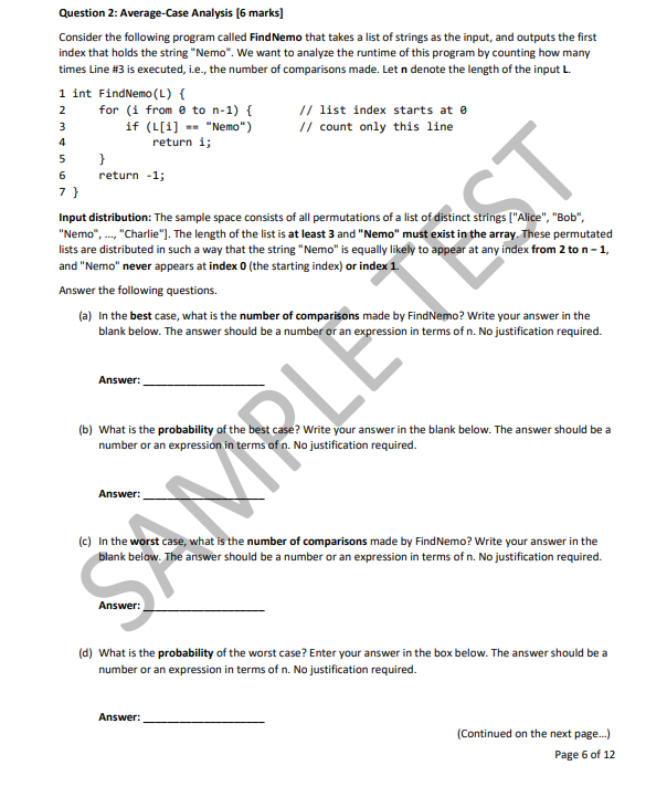 Solved Question 2: Average-Case Analysis [6 marks] Consider | Chegg.com