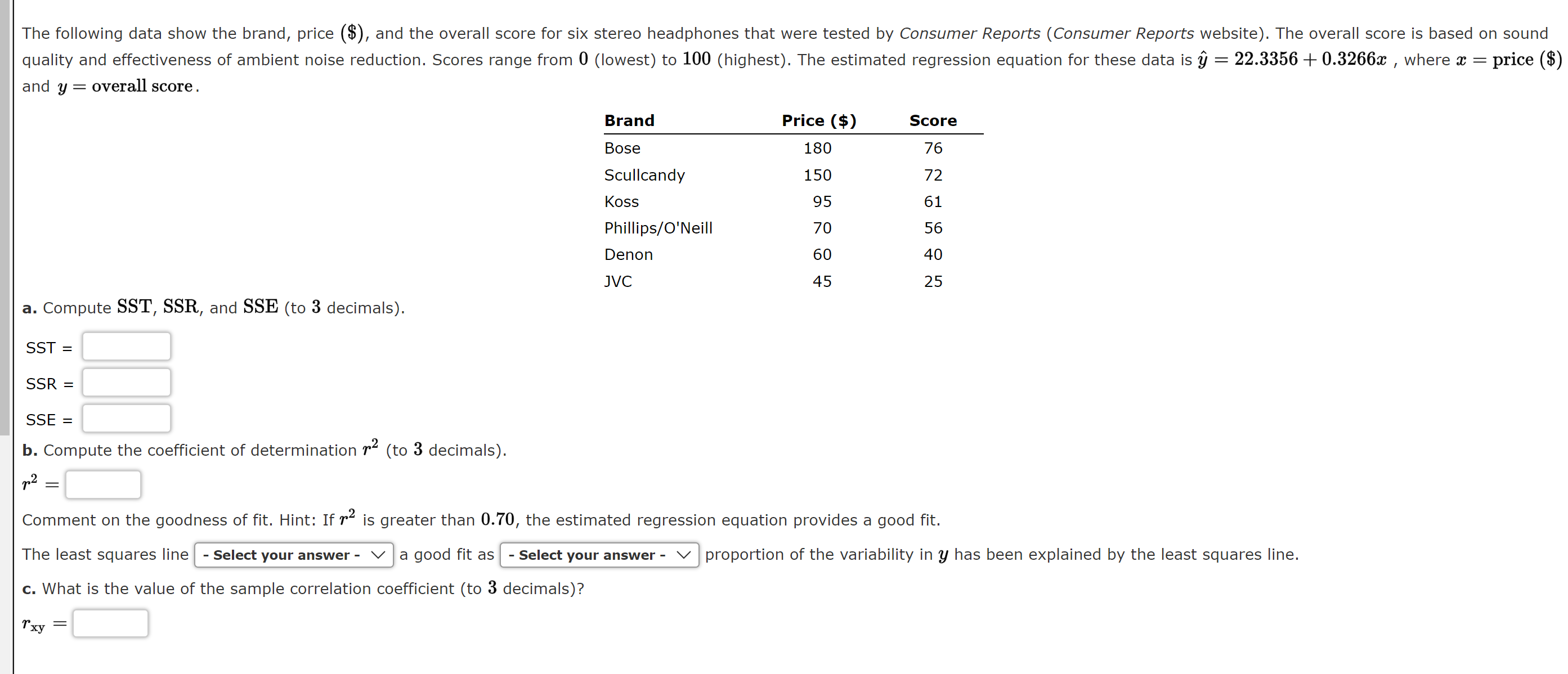 Solved And Y Overall Score A Compute Sst Ssr And Sse To
