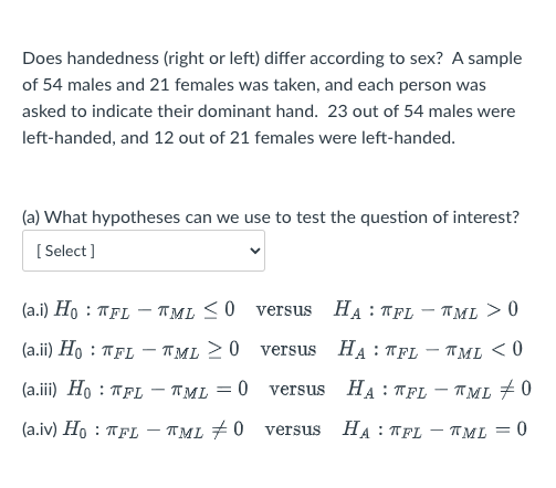 Solved Does handedness (right or left) differ according to | Chegg.com