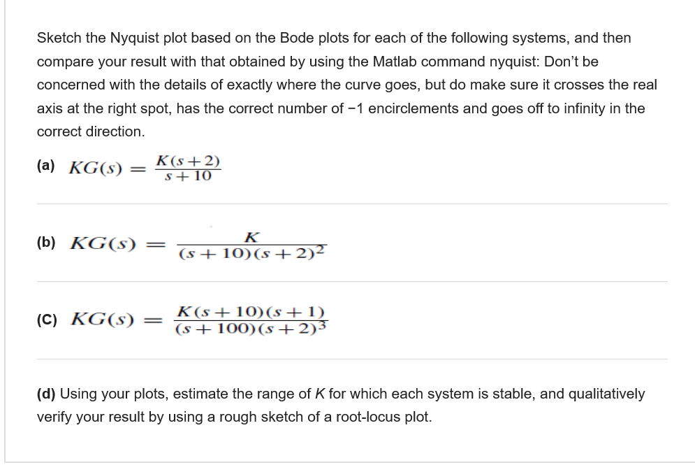 Solved Sketch the Nyquist plot based on the Bode plots for | Chegg.com