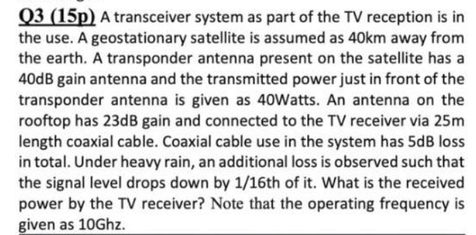 Solved Q3 (15p) A transceiver system as part of the TV | Chegg.com