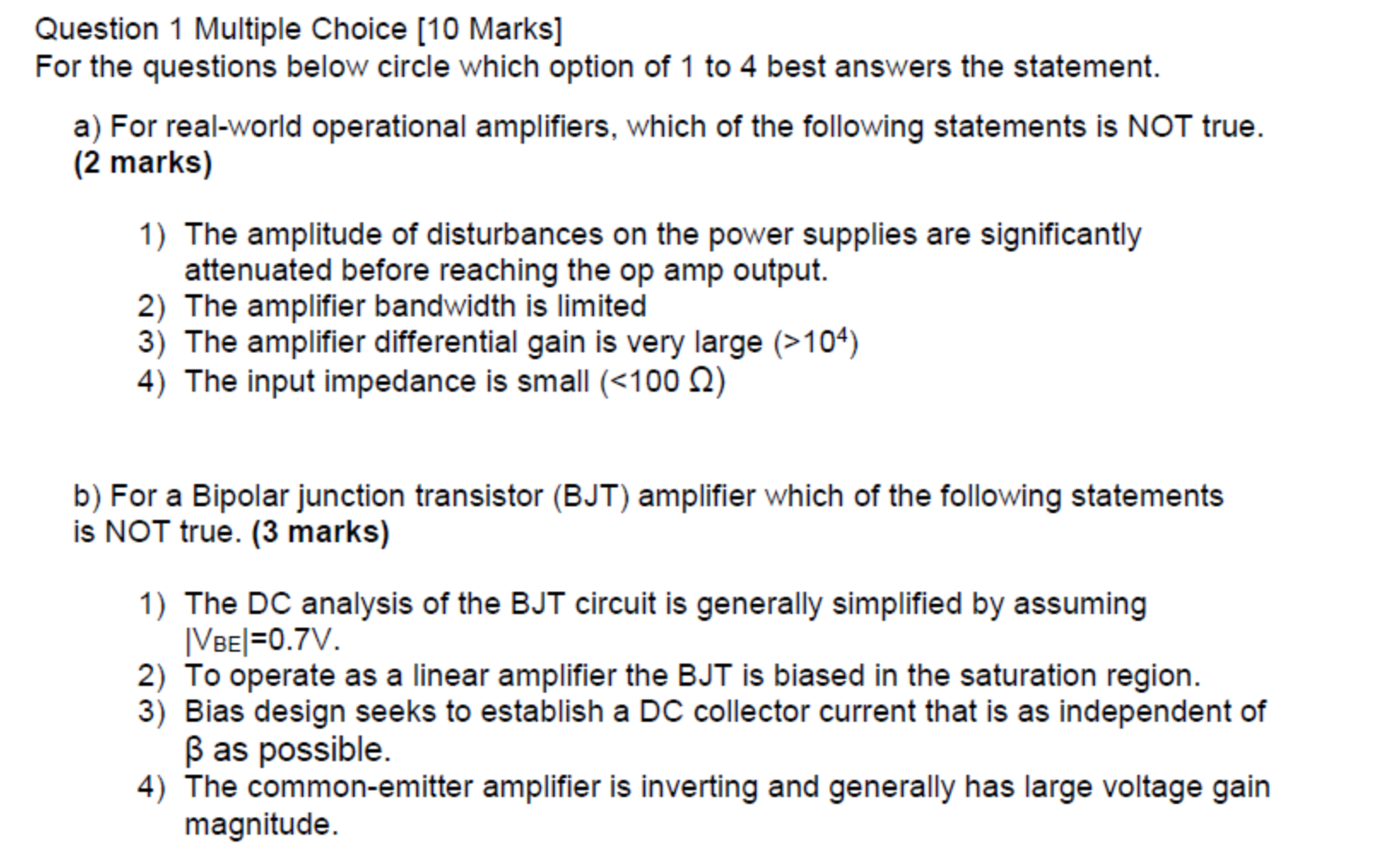 Solved Question 1 Multiple Choice [10 Marks] For the | Chegg.com