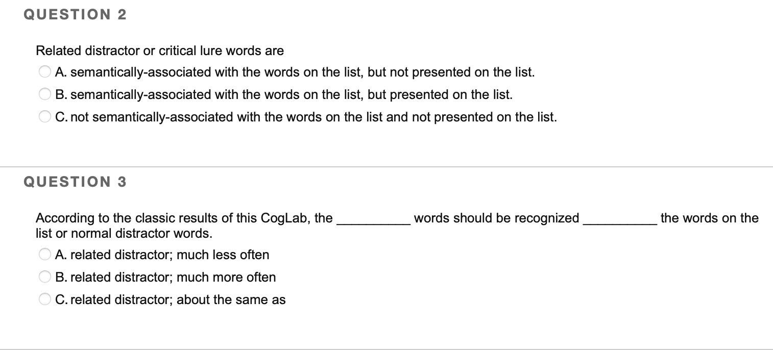Solved QUESTION 2 Related distractor or critical lure words | Chegg.com