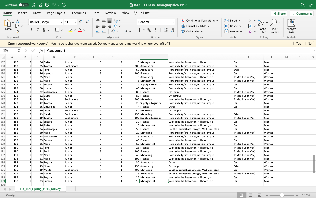 Solved AutoSave OF 2. Q BA 301 Class Demographics V2 View | Chegg.com