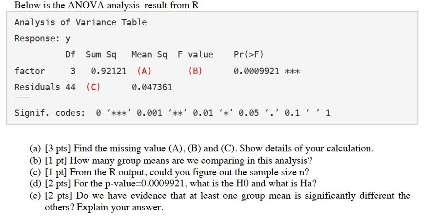 Solved Analysis of Variance Table Response: y (a) [3 pts] | Chegg.com