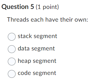 Solved Question 5 (1 ﻿point)Threads each have their | Chegg.com