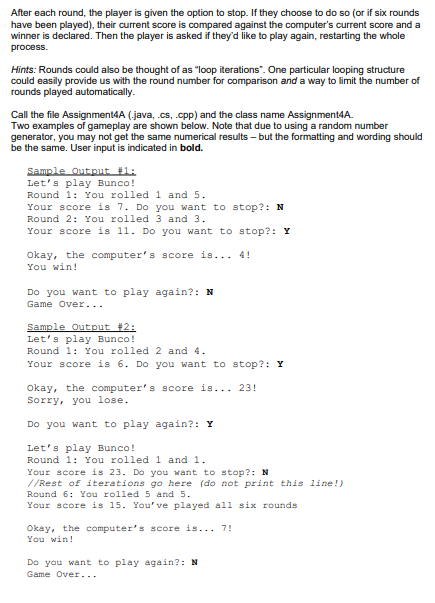 Solved Assignment4A: Let's Play Bunco! Now that we are able | Chegg.com