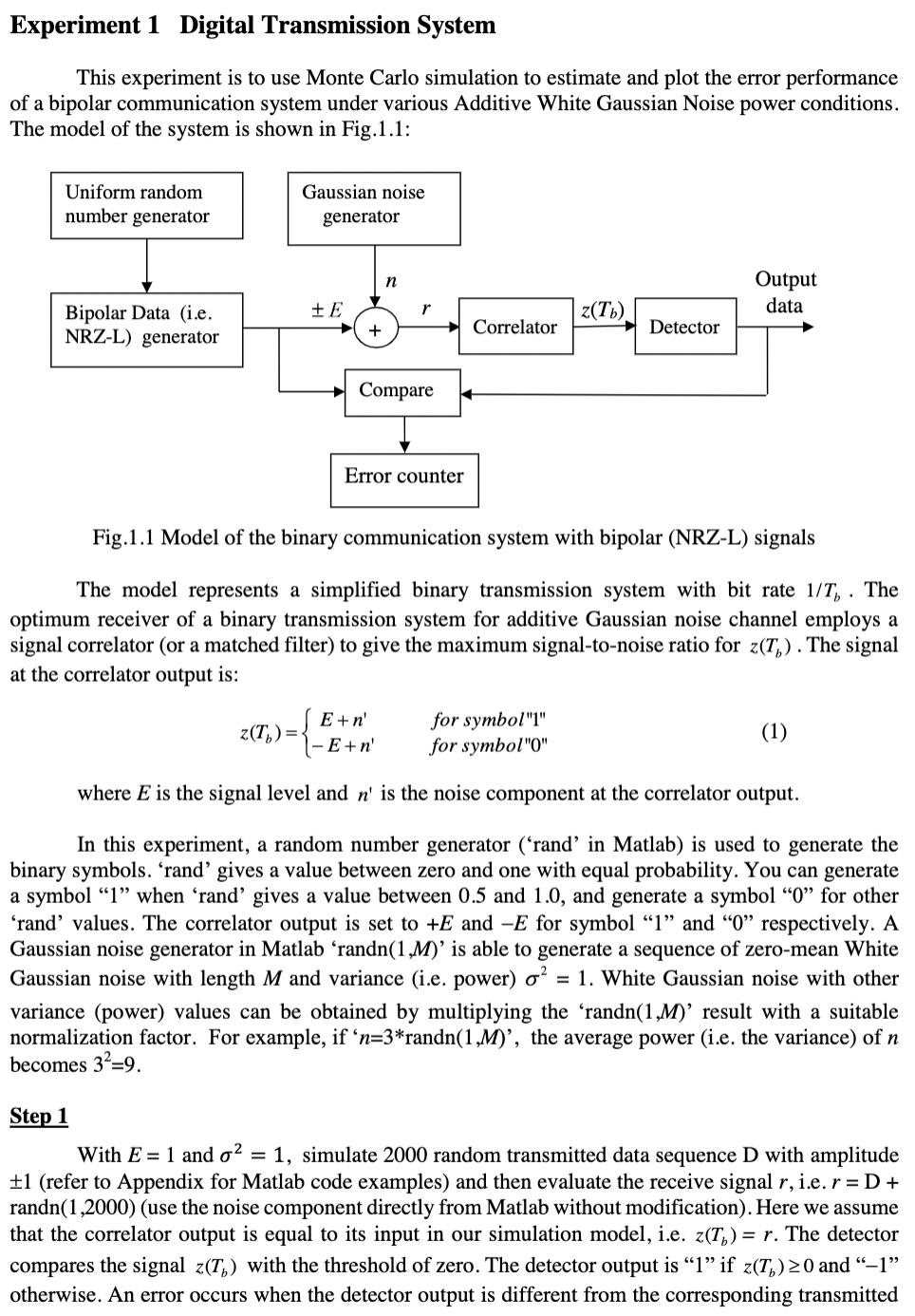 Experiment 1 Digital Transmission System This | Chegg.com