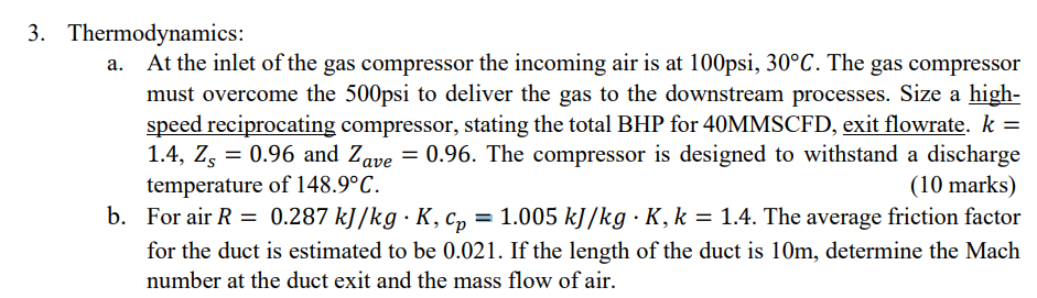 3. Thermodynamics: At the inlet of the gas compressor | Chegg.com
