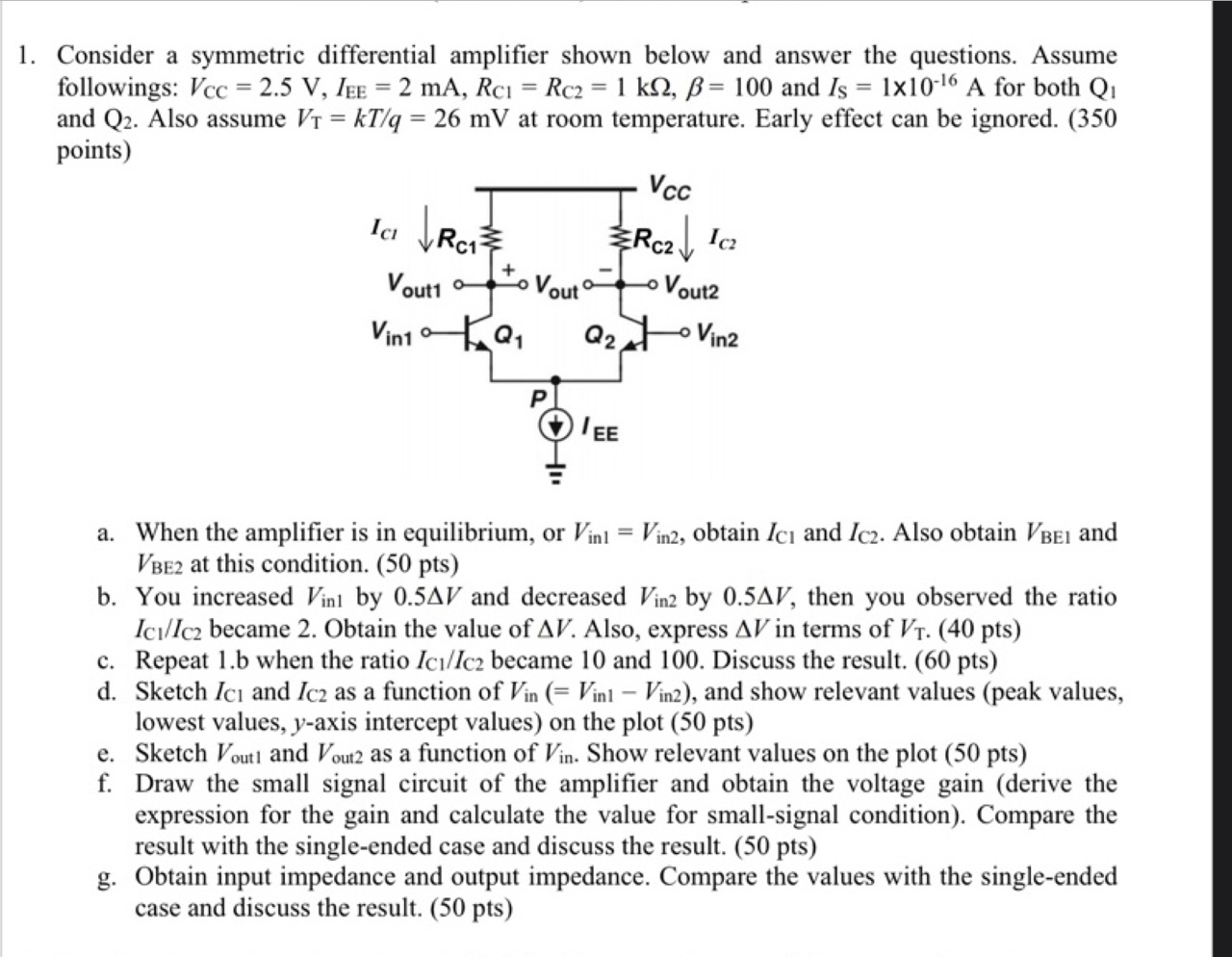 Solved Consider a symmetric differential amplifier shown | Chegg.com
