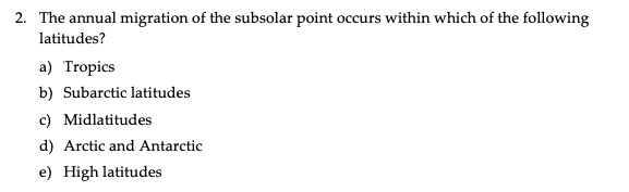 Solved 2. The annual migration of the subsolar point occurs | Chegg.com
