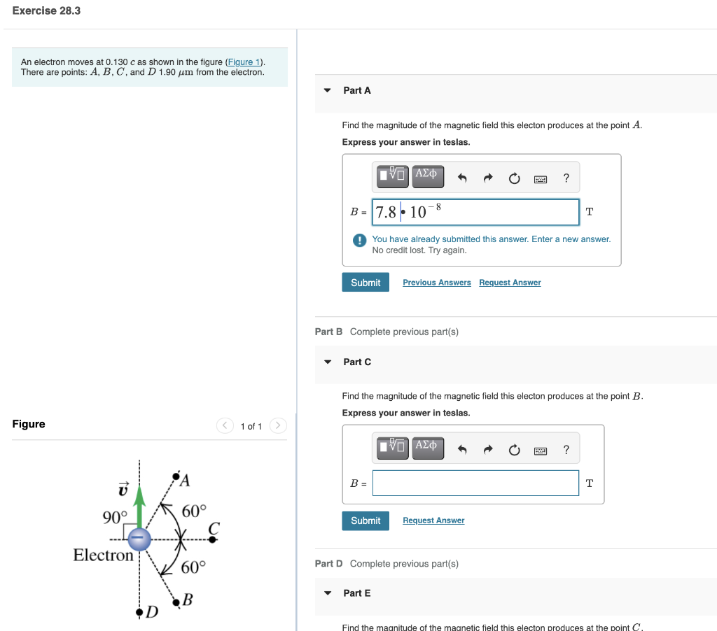 Solved Exercise 28.3 An electron moves at 0.130 c as shown | Chegg.com