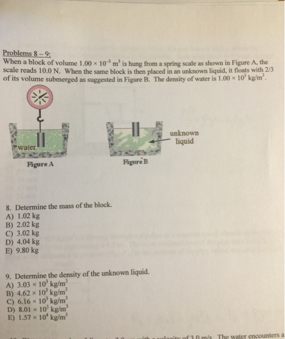 Solved When a block of volume 1.00 times 10^-3 m^3 is hung | Chegg.com
