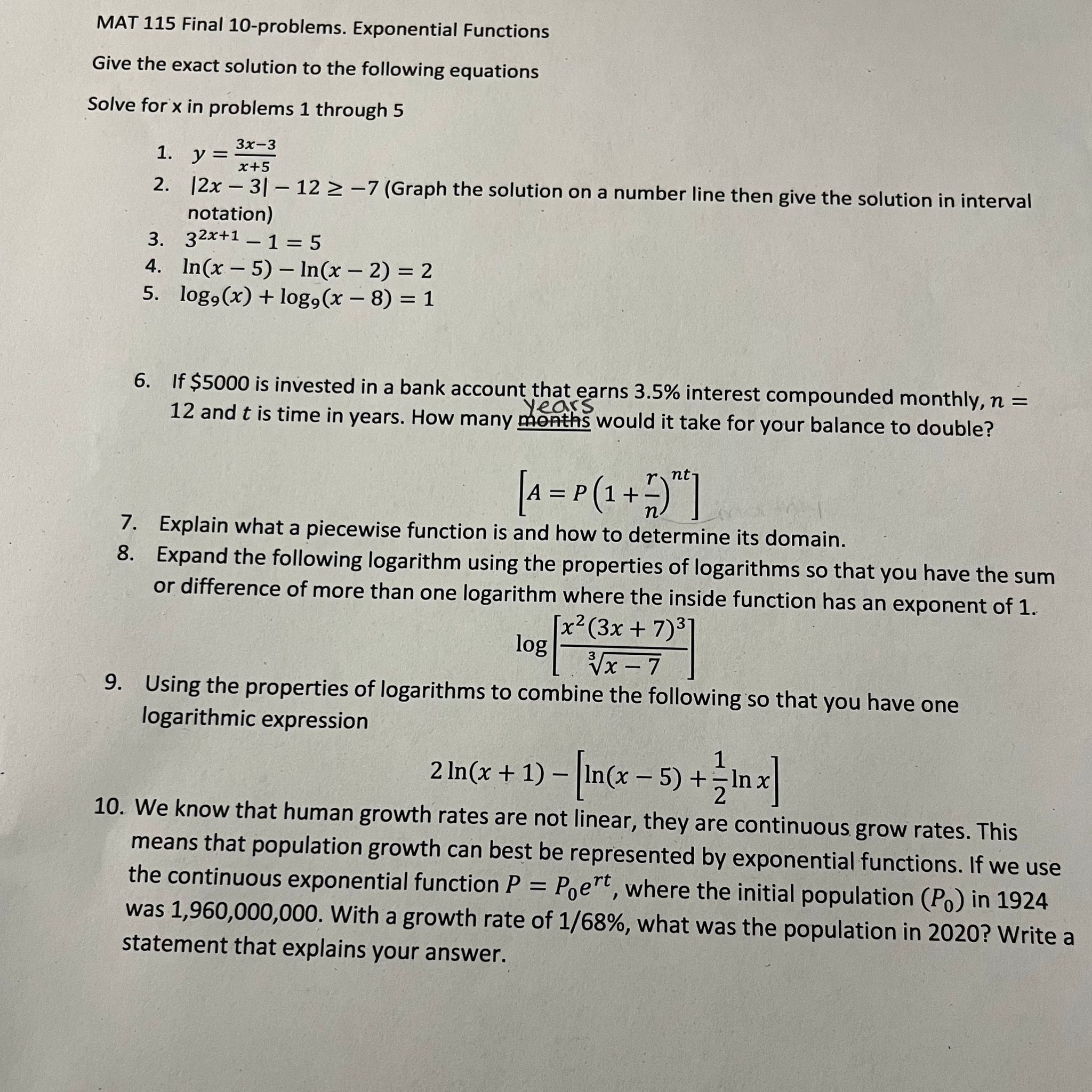 MAT 115 Final 10-problems. Exponential Functions Give | Chegg.com