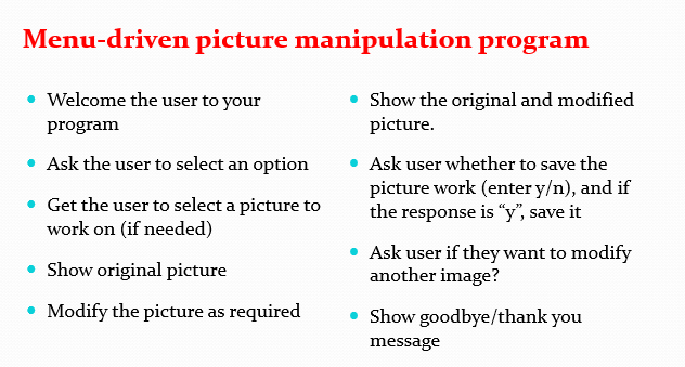 Menu-driven picture manipulation program Show the | Chegg.com