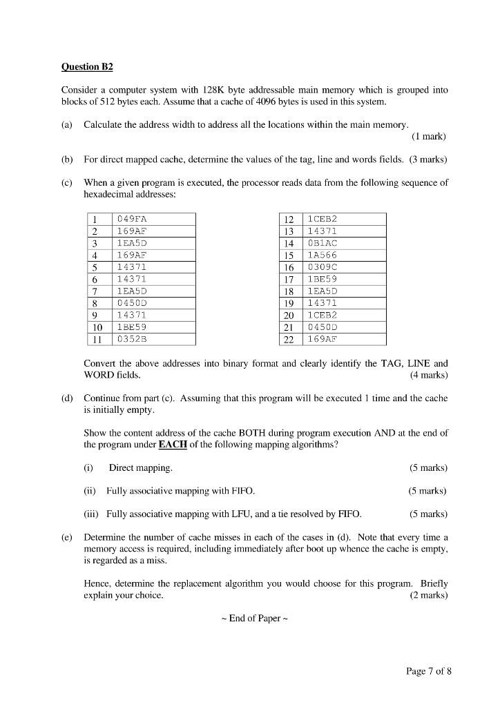 Solved Question B2 Consider a computer system with 128K byte | Chegg.com