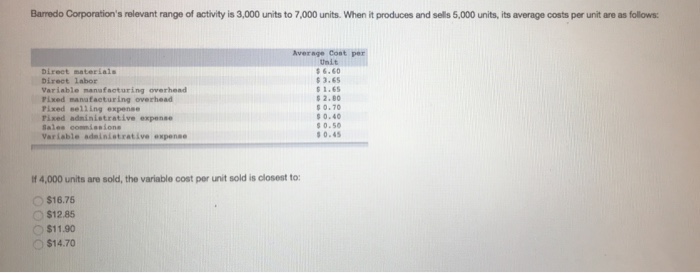 Solved Barredo Corporation's relevant range of activity is | Chegg.com