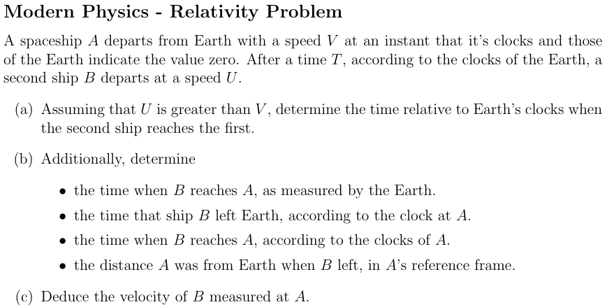 Solved Modern Physics - Relativity Problem A spaceship A | Chegg.com