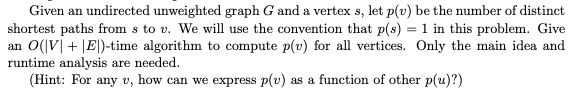 Given an undirected unweighted graph G and a vertex | Chegg.com