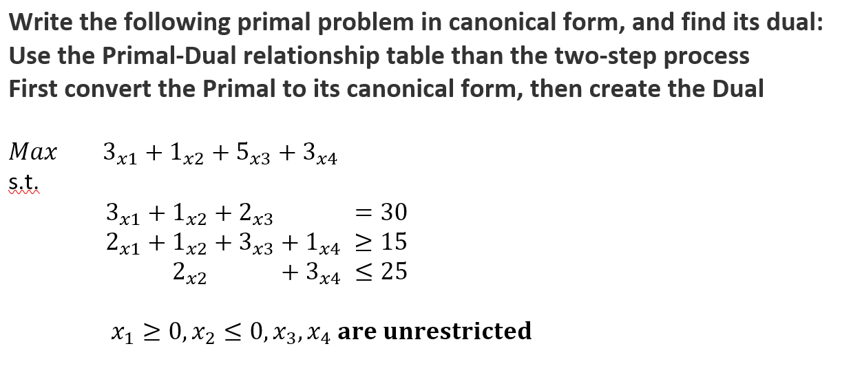 Solved Write the following primal problem in canonical form, | Chegg.com