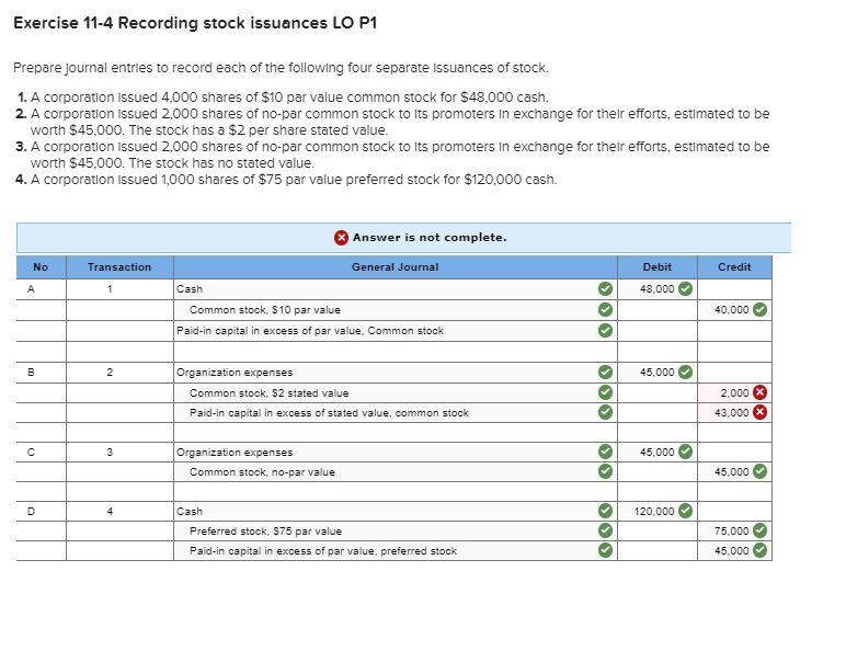 Solved Exercise 11-4 Recording stock issuances LO P1 Prepare | Chegg.com