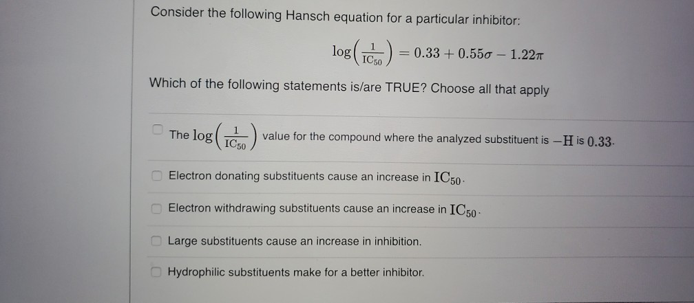 Consider the following Hansch equation for a | Chegg.com