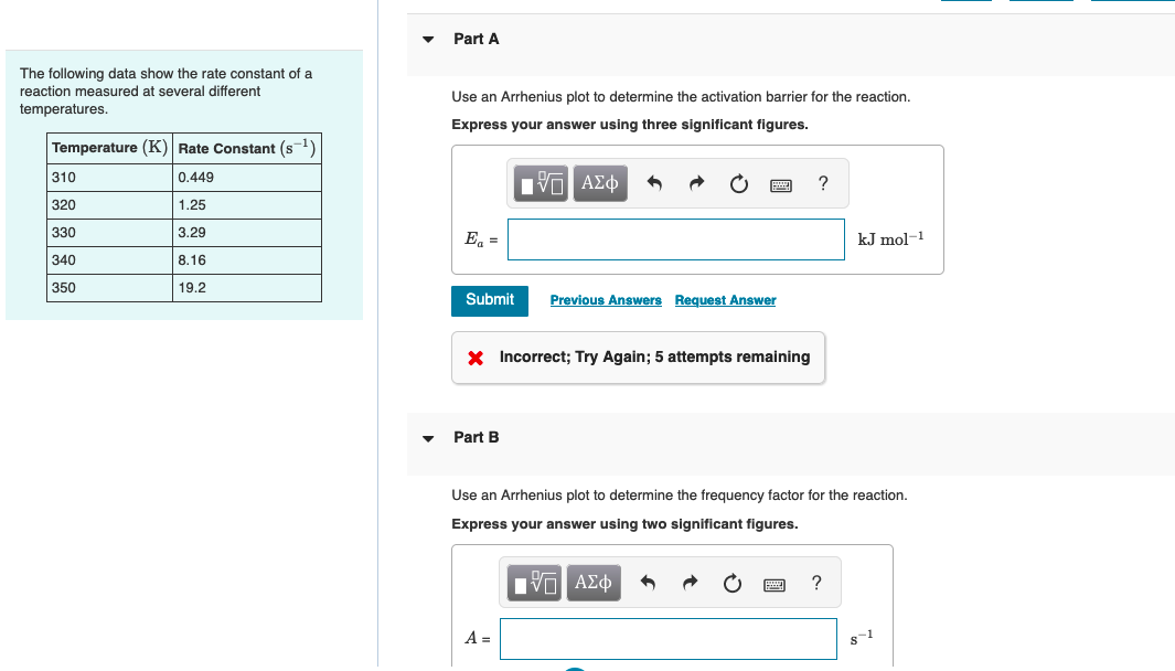 Solved Part A The following data show the rate constant of a | Chegg.com