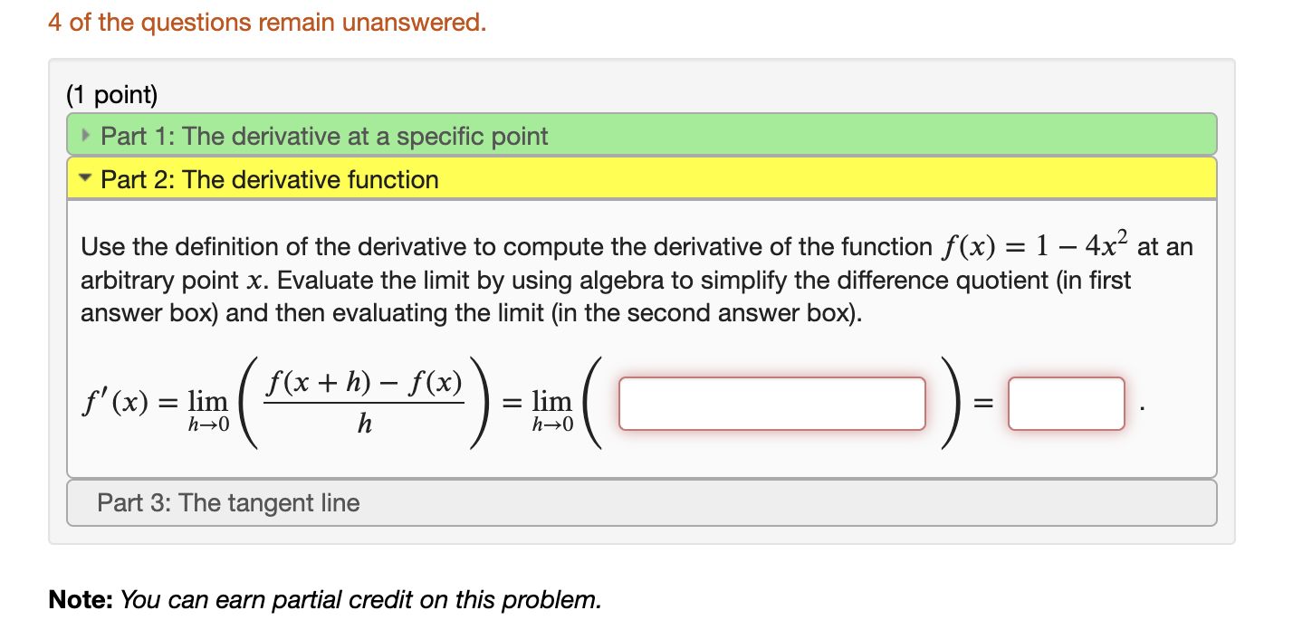 Solved 4 of the questions remain unanswered. (1 point) Part | Chegg.com