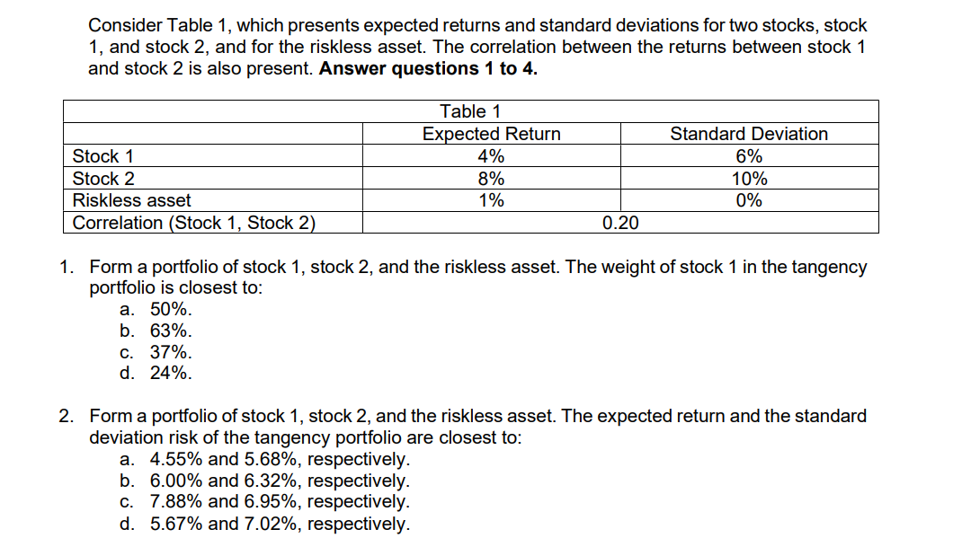 Solved Consider Table 1, ﻿which presents expected returns | Chegg.com