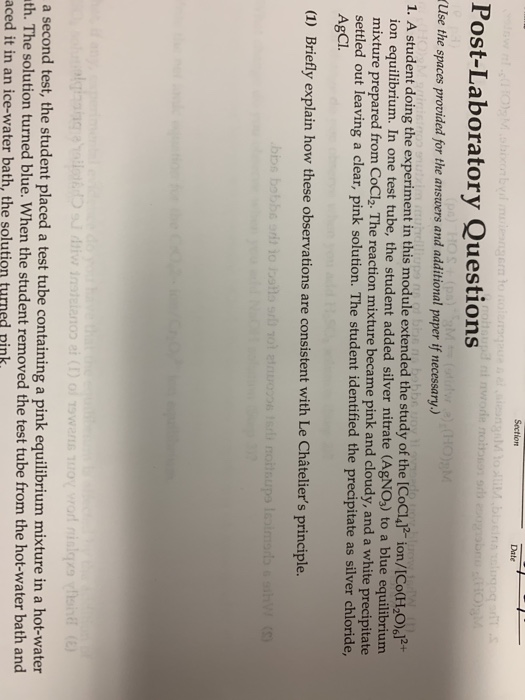 Solved Section Date Post-Laboratory Questions (Use the | Chegg.com