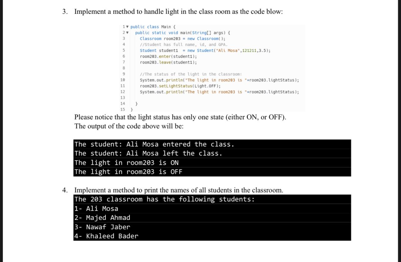 Solved 3. Implement a method to handle light in the class | Chegg.com