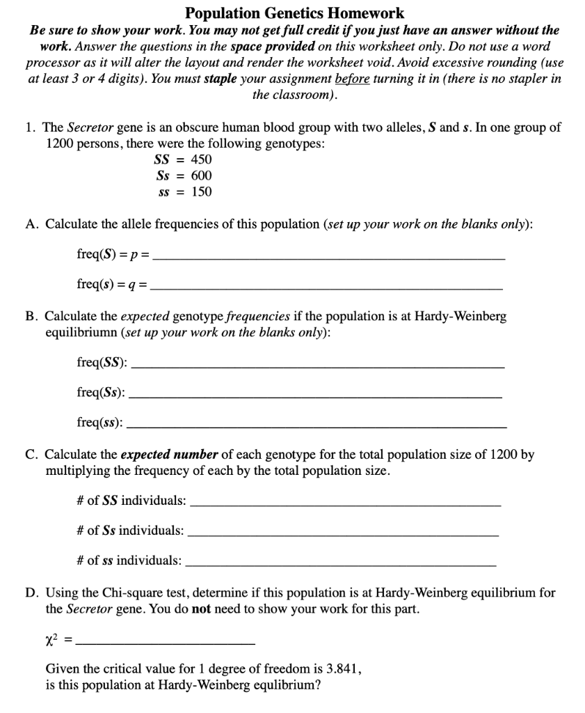 Solved Population Genetics Homework Be sure to show your | Chegg.com