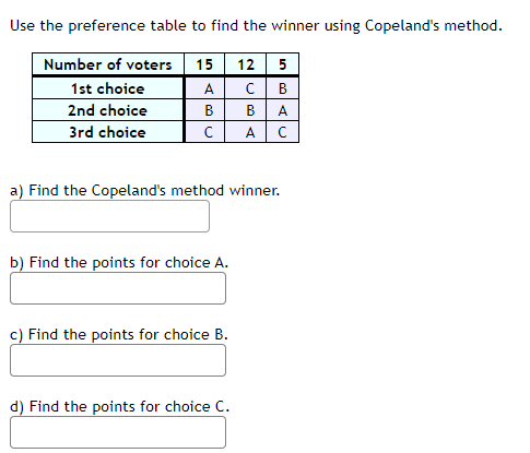 Solved Use the preference table to find the winner using | Chegg.com