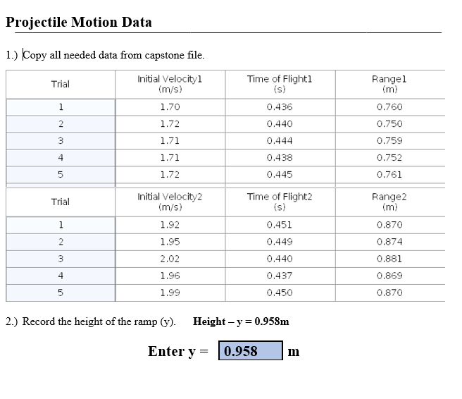 Solved Projectile Motion Data 1.) Copy all needed data from | Chegg.com