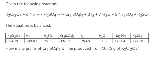 Solved Given the following reaction: K2Cr2O7 +6 Nal + 7 | Chegg.com