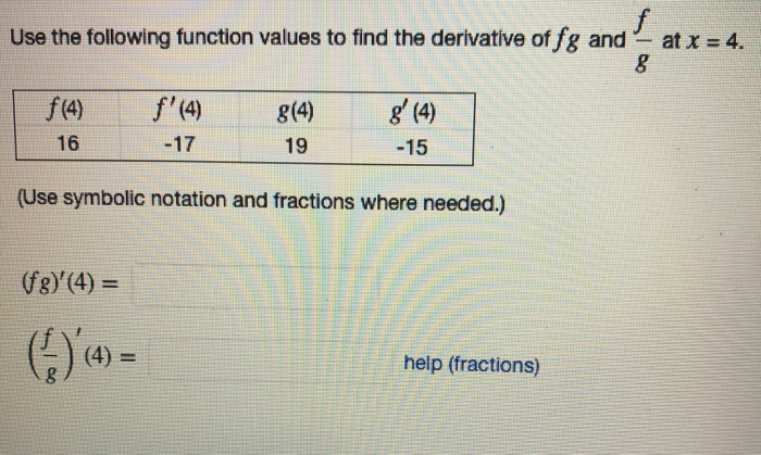 Solved Use the following function values to find the | Chegg.com