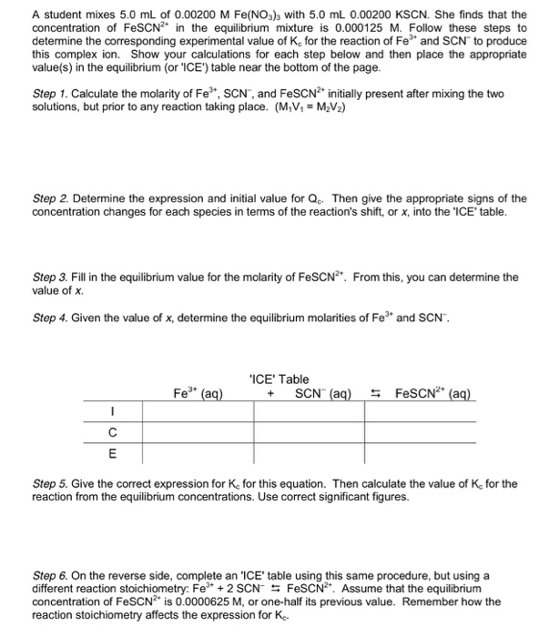 Solved A student mixes 5.0 mL of 0.00200 M Fe(NO3)3 with 5.0 | Chegg.com