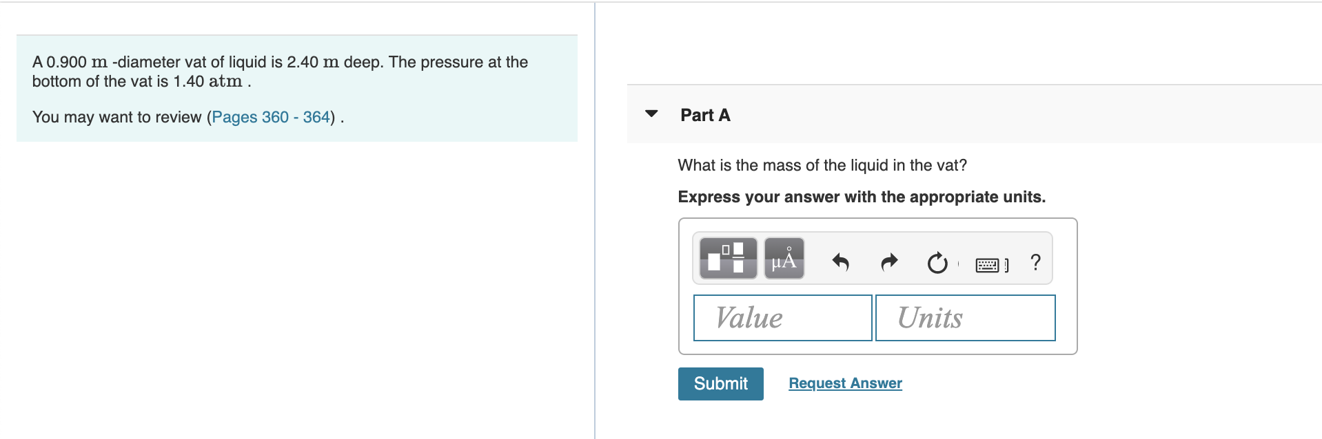 Solved A 0.900 m -diameter vat of liquid is 2.40 m deep. The | Chegg.com