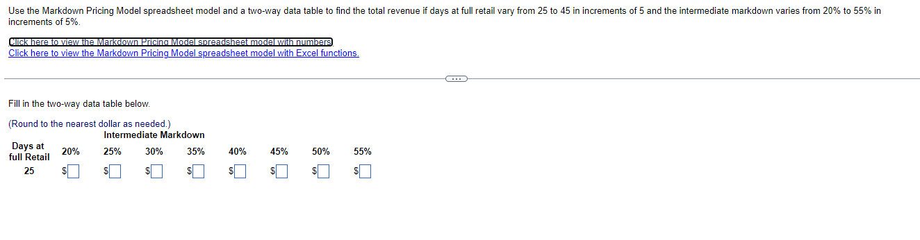 Use the Markdown Pricing Model spreadsheet model and | Chegg.com