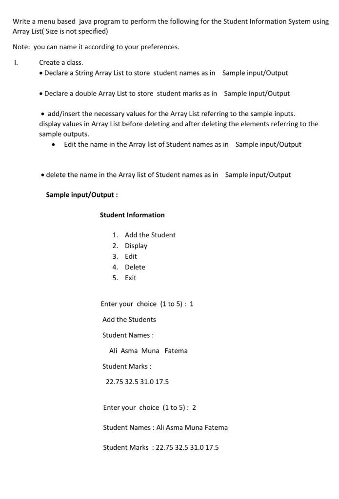 Solved Write A Menu Based Java Program To Perform The 